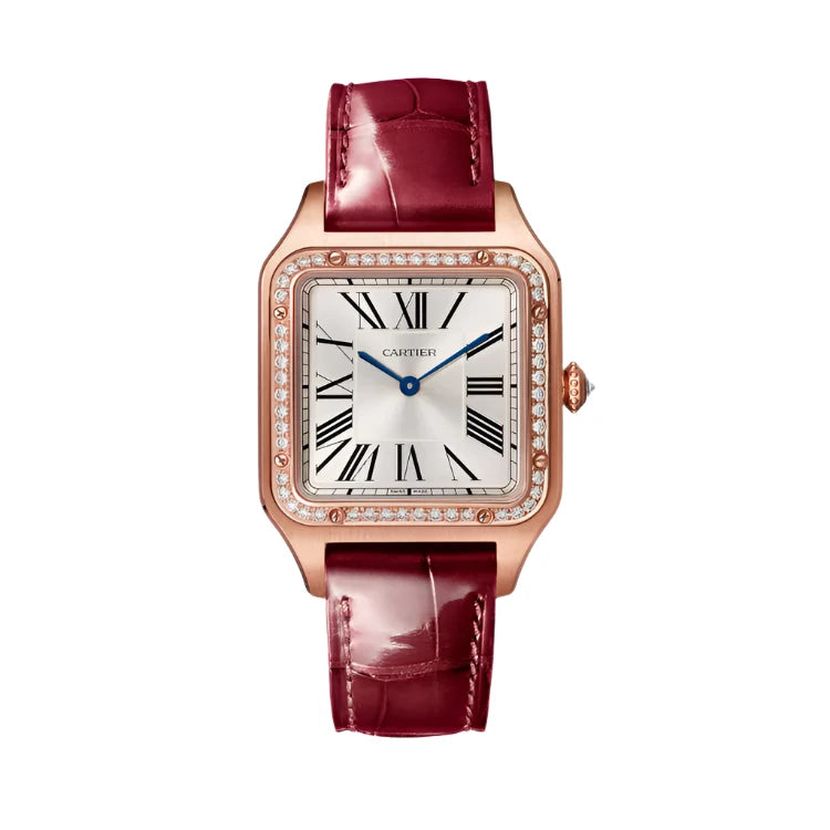 Santos-Dumont Large Rose Gold Leather Strap Silver Diamond – Tribeca ...